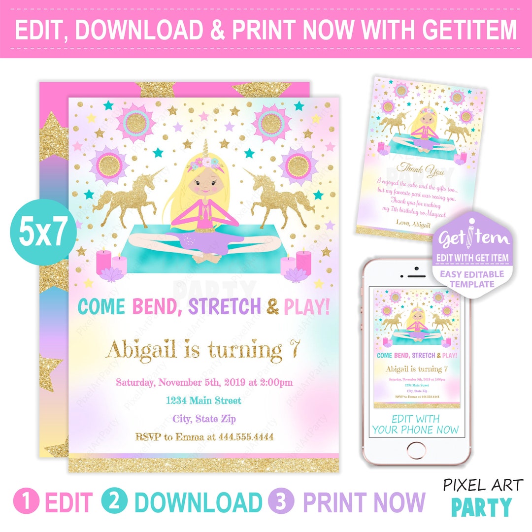 Editable Yoga Birthday Invitation Yoga Party Unicorn Yoga Invitation ...