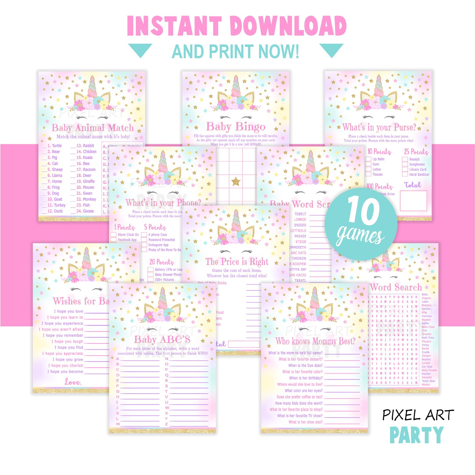 Unicorn Baby Shower Games Bundle Instant Download | Etsy