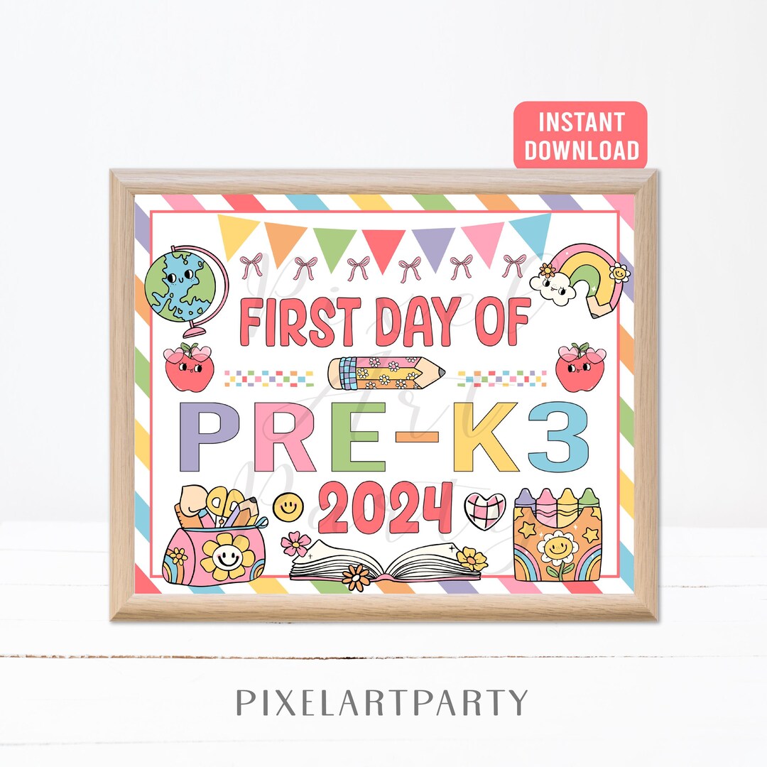 First Day of PRE-K3 2024 Sign Boho Retro Back to School Chalkboard Sign ...