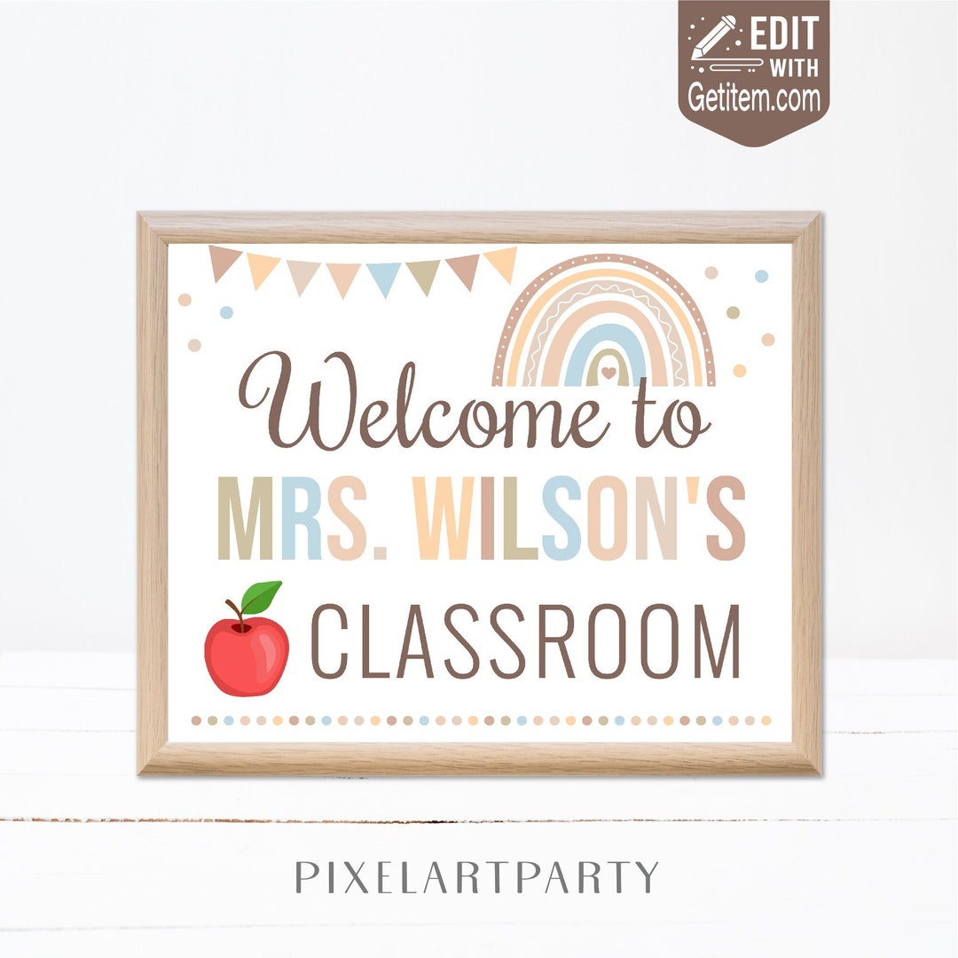 Editable Teacher Name Sign Classroom Decor Boho Rainbow Welocme to ...