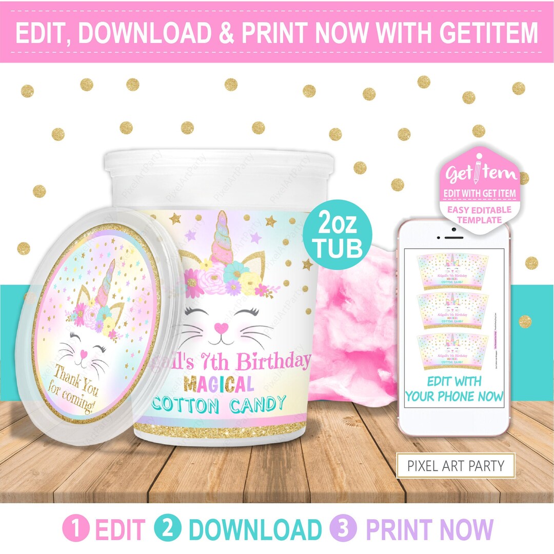 EDITABLE 2oz Caticorn Cotton Candy Tub Label, Caticorn Party, CBI1 EDIT ...