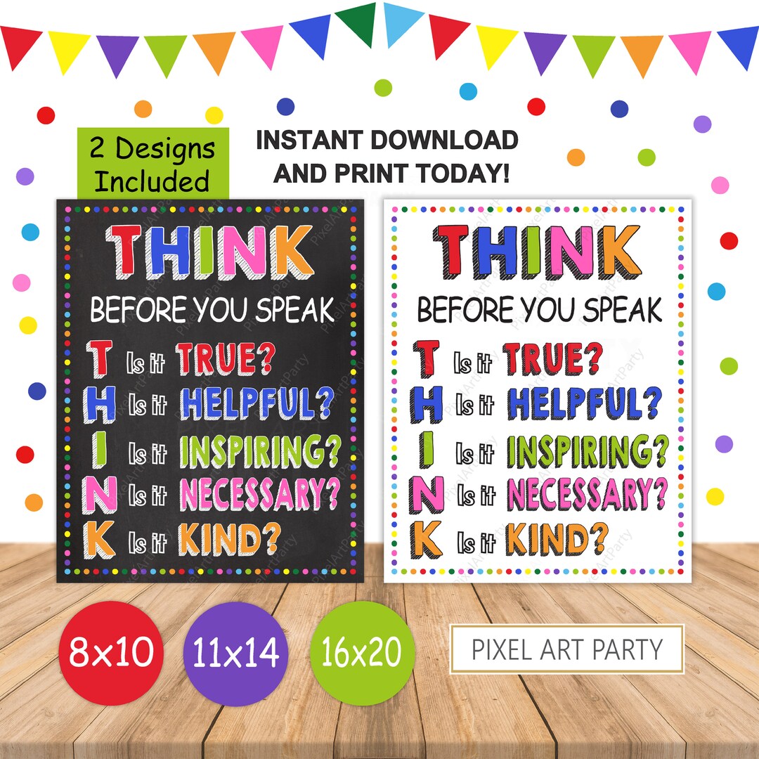 Think Before You Speak Sign, Classroom Sign, Classroom Decor, Instant ...
