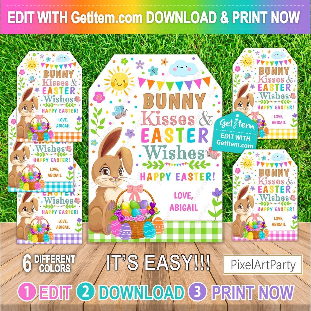 Editable Bunny Kisses and Easter Wishes Tags, Easter Gift Tags, Teacher ...