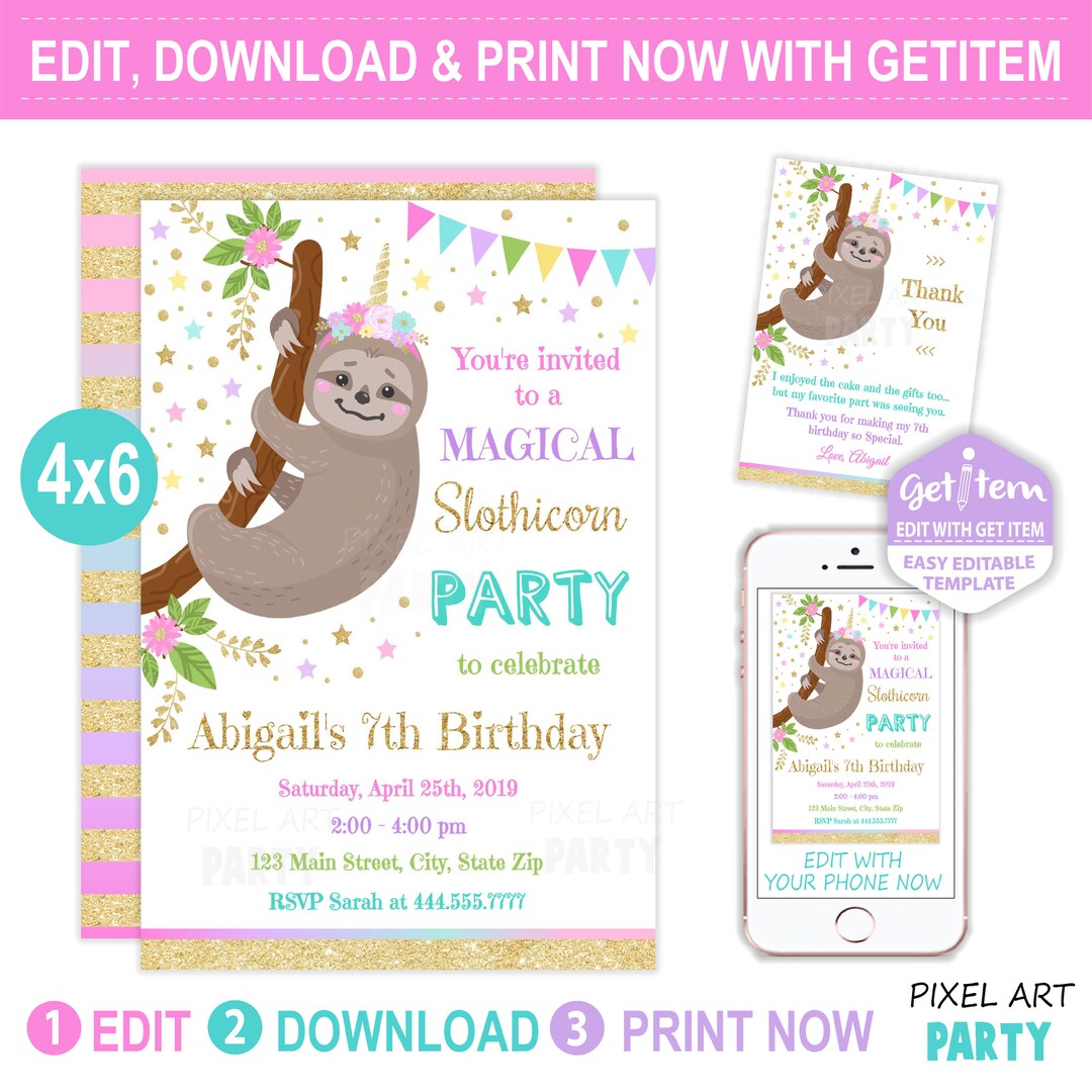 Slothicorn Birthday Invitation Slothicorn Invitation Sloth - Etsy