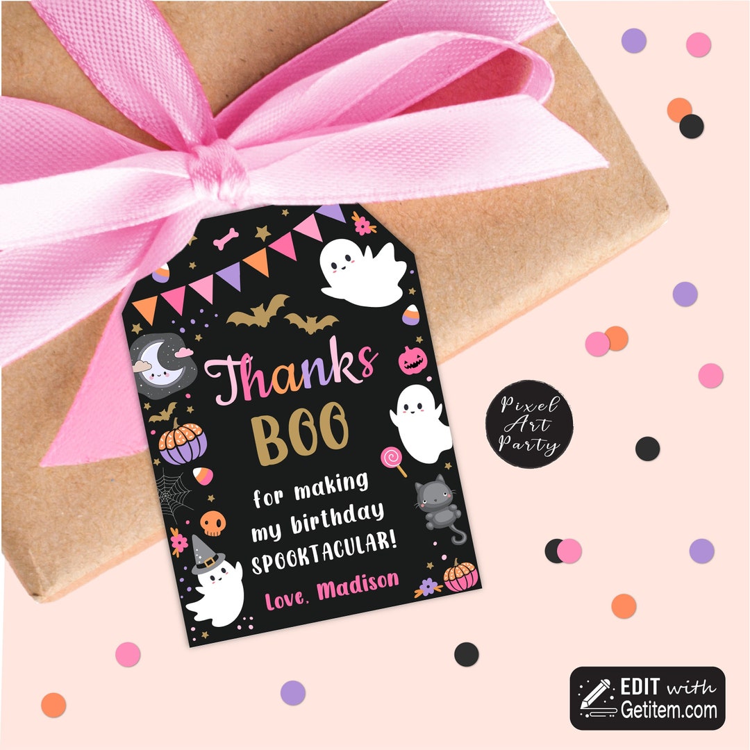 Editable Pink Halloween Ghost Birthday Party Favor Tags Spooktacular ...