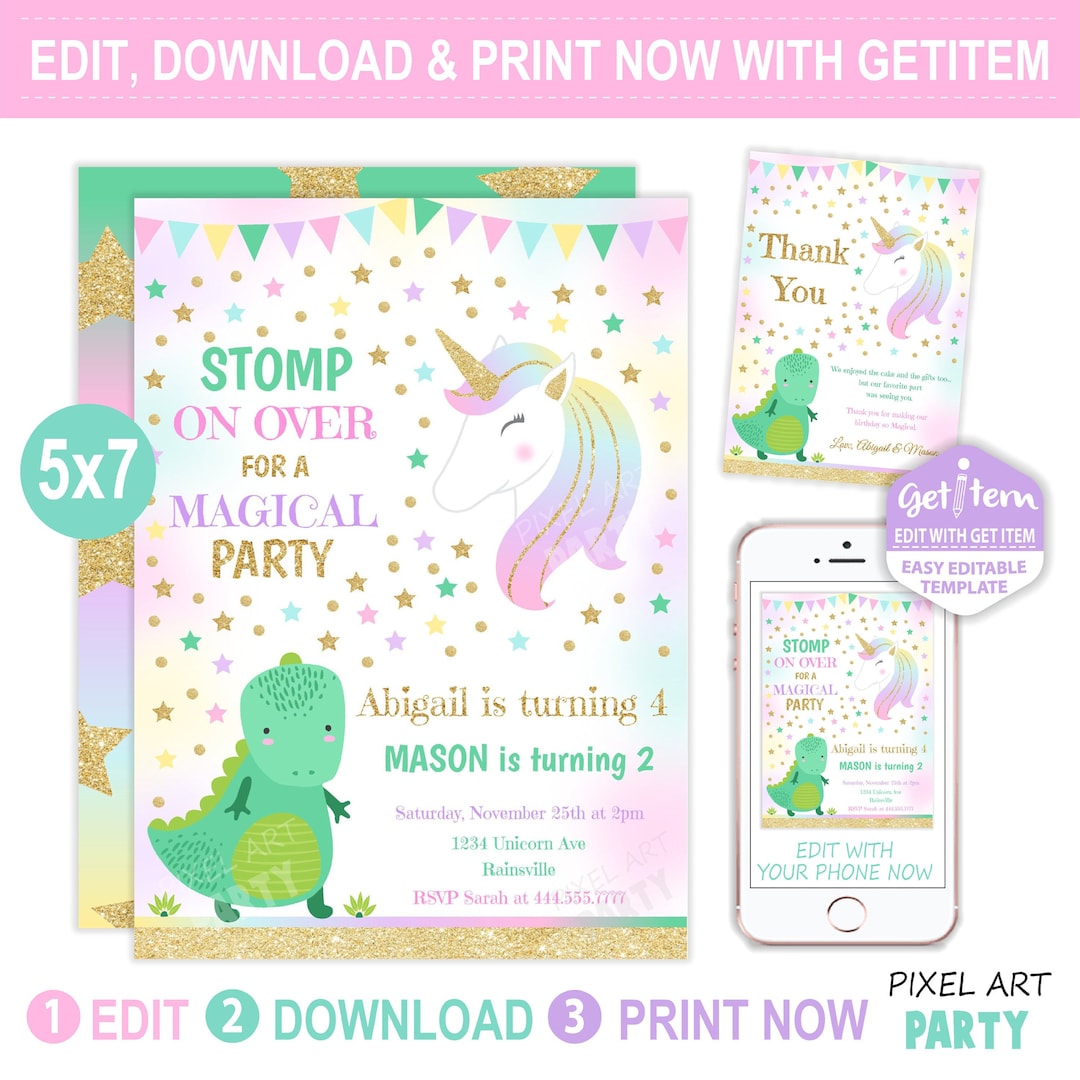 Unicorn and Dinosaur Birthday Invitation, Unicorn and Dinosaur ...