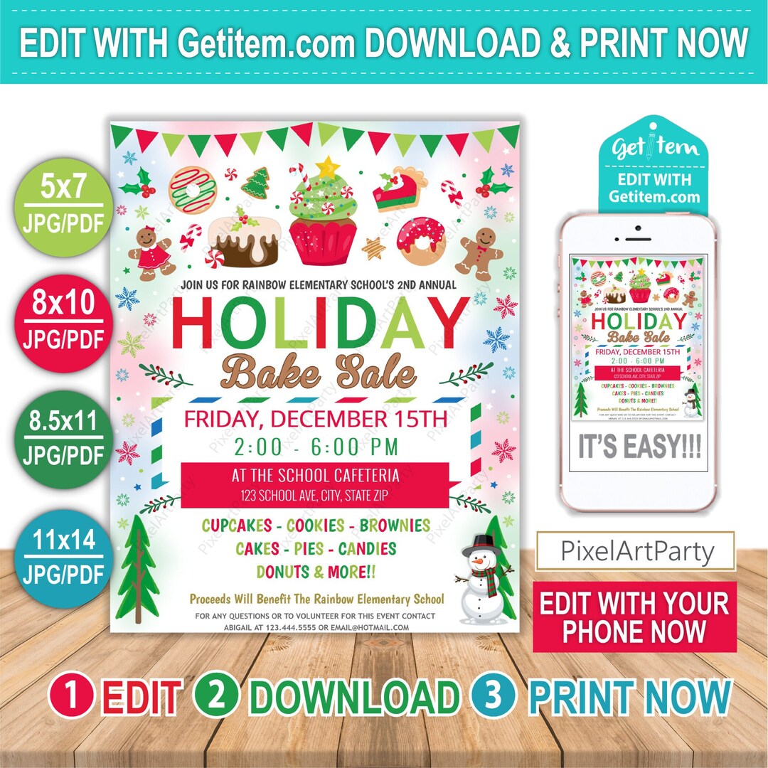 EDITABLE Holiday Bake Sale Flyer School Church Flyer Poster Fundraiser ...