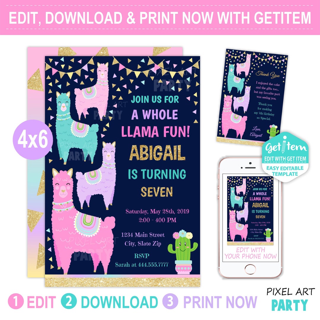 EDITABLE Llama Birthday Invitation Llama Invitation Llama Party Alpaca ...
