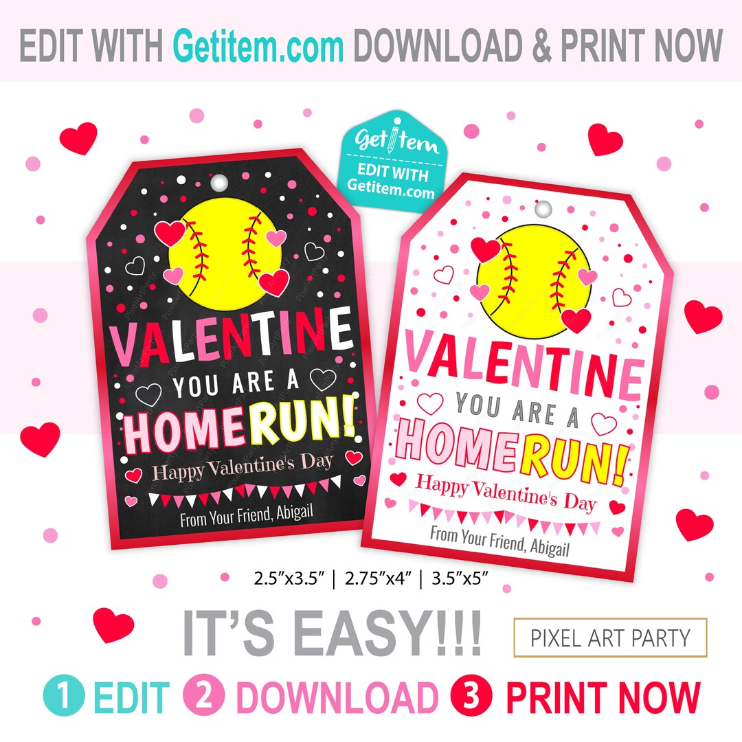 Editable Softball Valentines Tags, Valentine's Day Gift Card, Sports ...