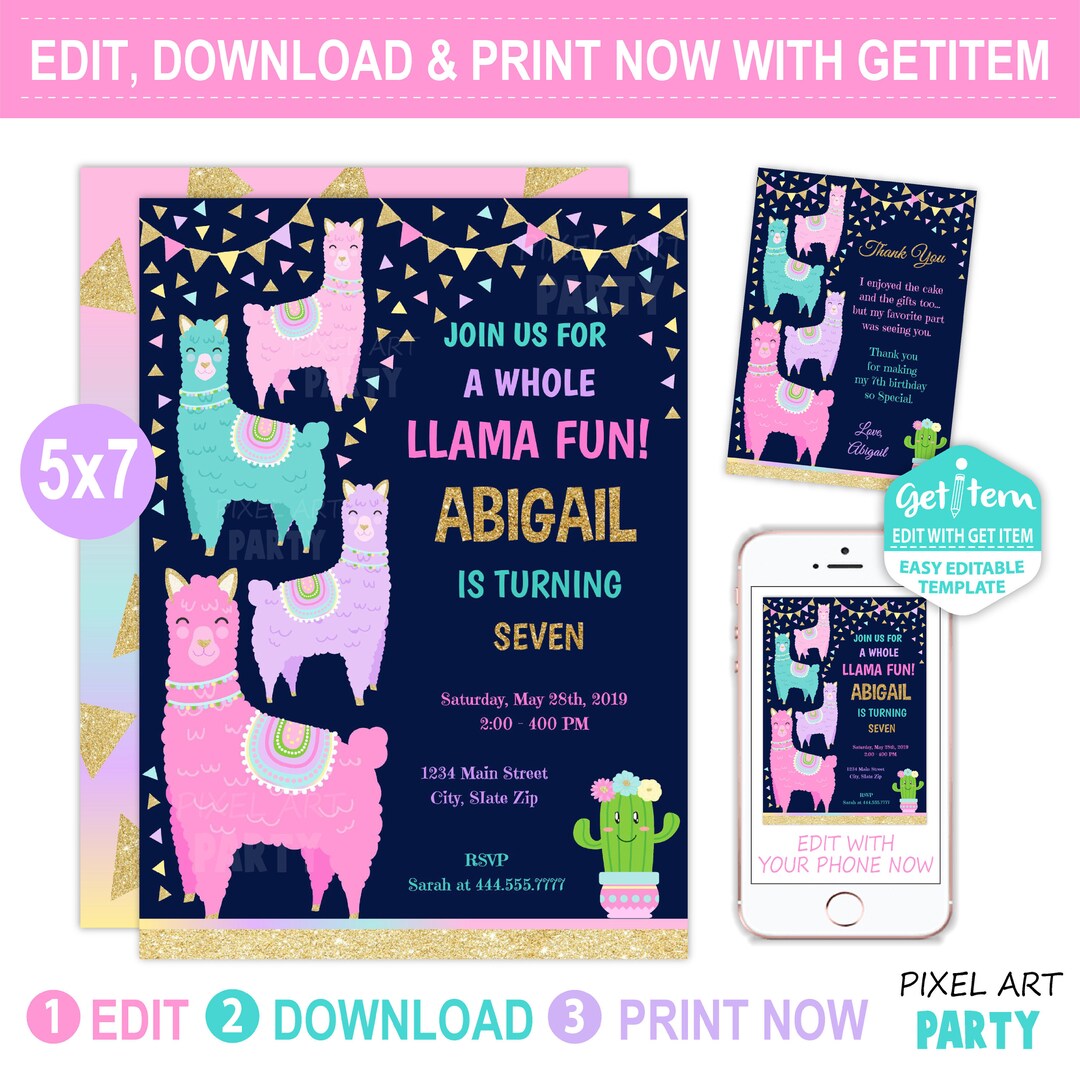 EDITABLE Llama Birthday Invitation Llama Invitation Llama Party Alpaca ...
