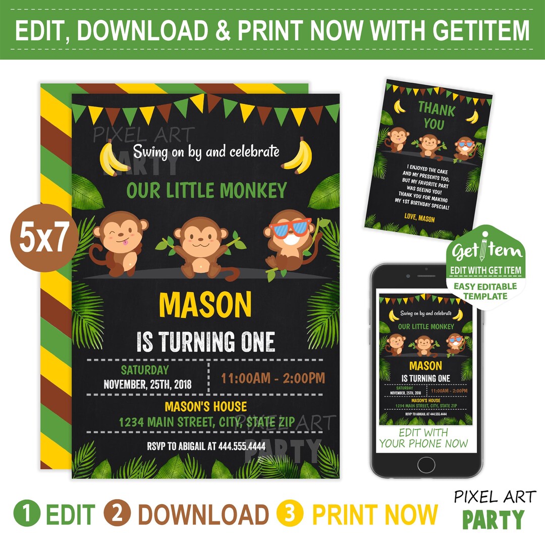 Monkey Invitation Monkey Birthday Invitation Monkey Party - Etsy