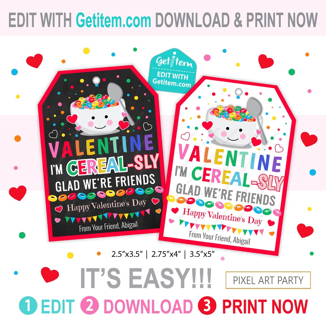 Editable Cereal Valentine Gift Tag, Cereal-sly Valentine's Day Gift Tag ...