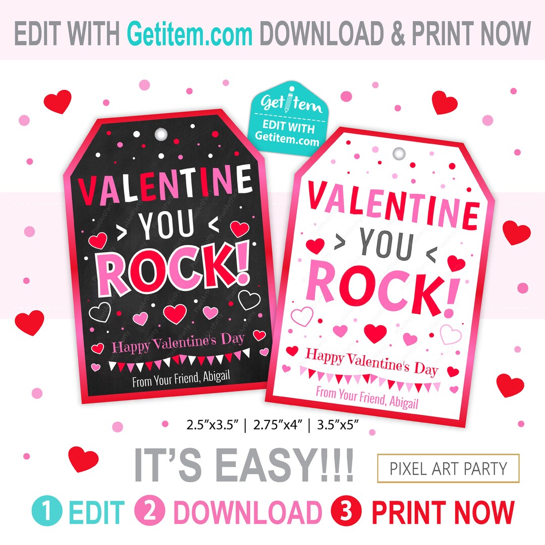 Editable You Rock Valentine Tags, Valentine's Day Gift Tag, Valentine ...