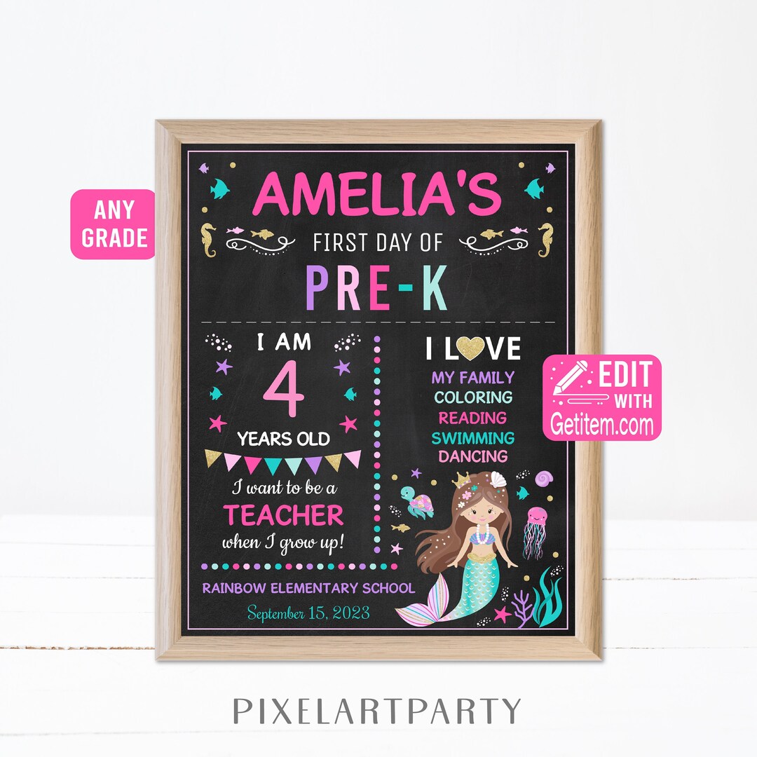 Editable First Day of Pre-k Sign Mermaid First Day of Pre-k - Etsy