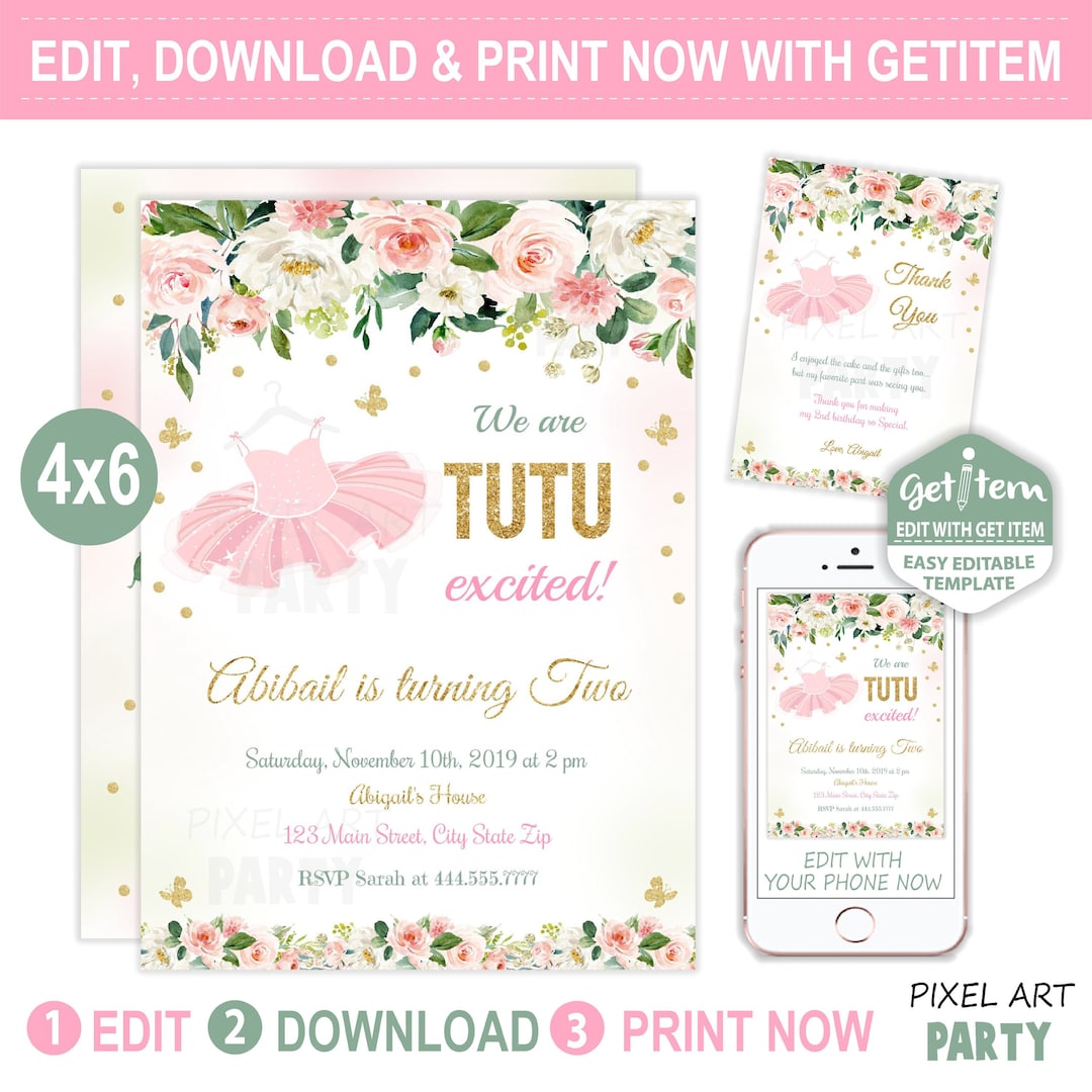 Tutu Birthday Invitation, Tutu Party Invitation, Tutu Party, 4x6, EDIT ...