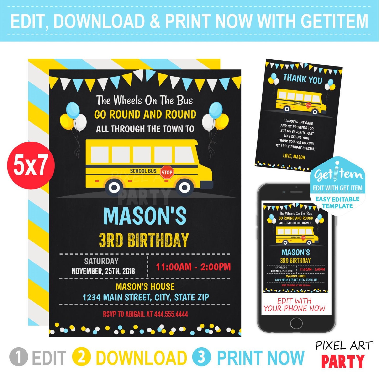 School Bus Birthday Invitation Bus Invitation 5x7 EDIT NOW | Etsy