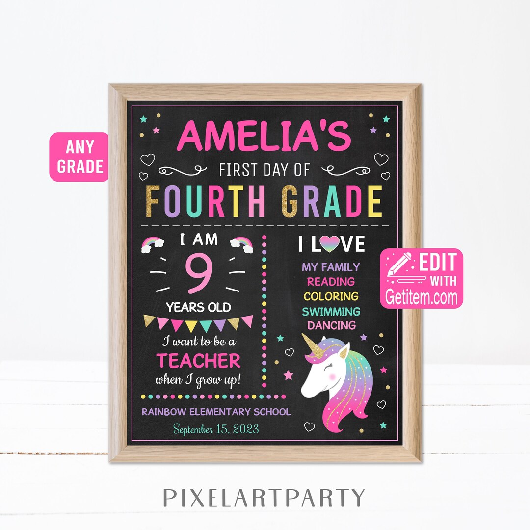 Editable First Day of Fourth Grade Sign Unicorn First Day of Fourth ...
