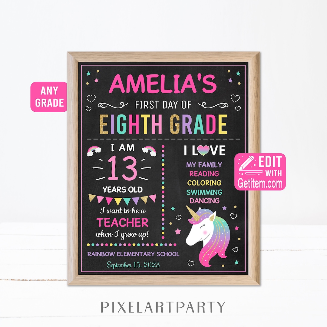 Editable First Day of Eighth Grade Sign Unicorn First Day of Eighth ...