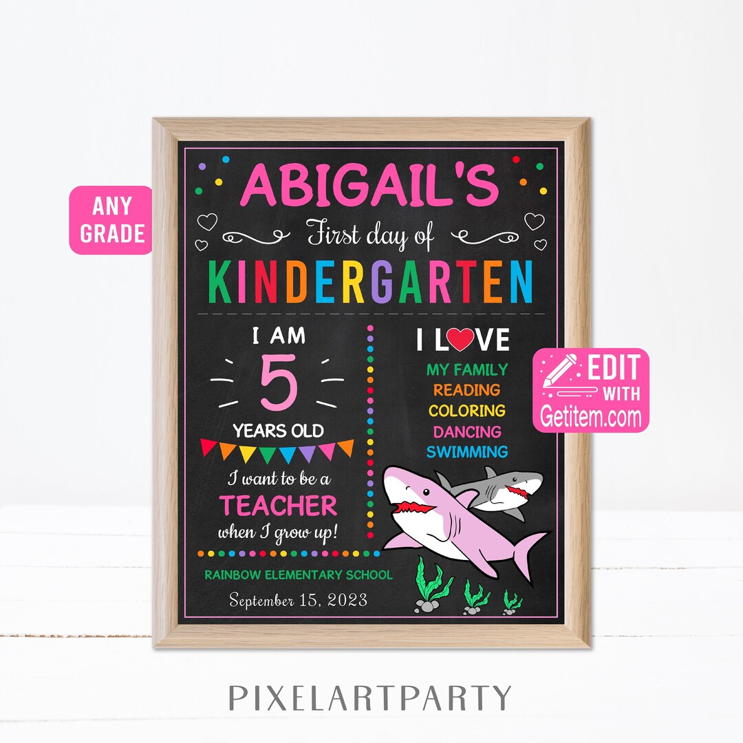 Editable Shark First Day of School Sign Girl Kindergarten 1st 2nd 3rd ...