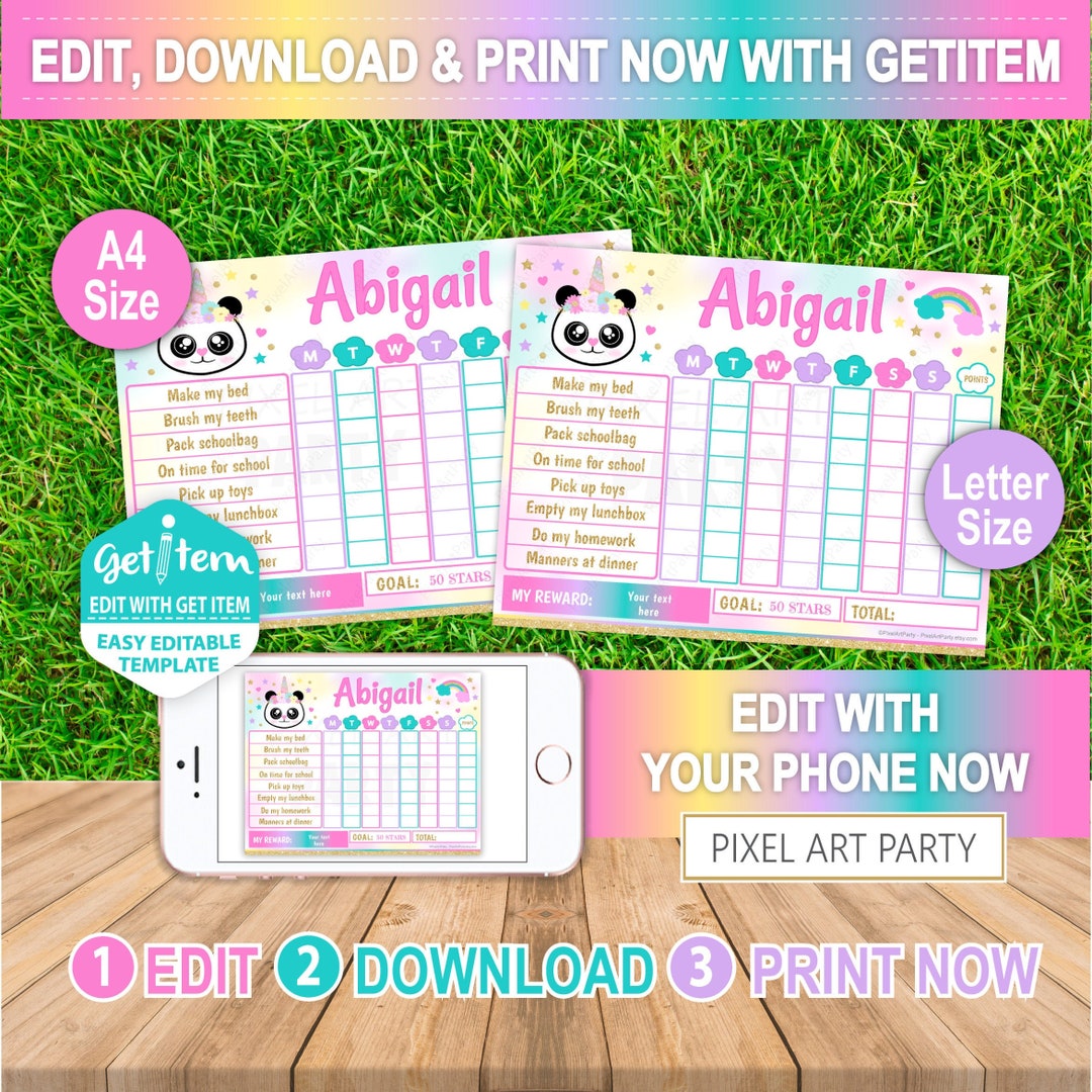 EDITABLE Pandacorn Reward Chart Pandacorn Behavior Chart Pink & Gold ...