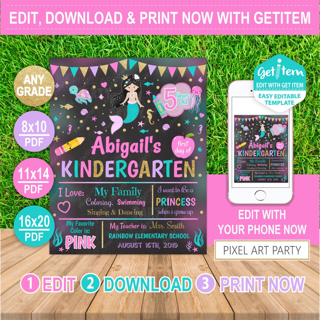 Mermaid First Day of Kindergarten Sign, Back to School Poster, Any ...