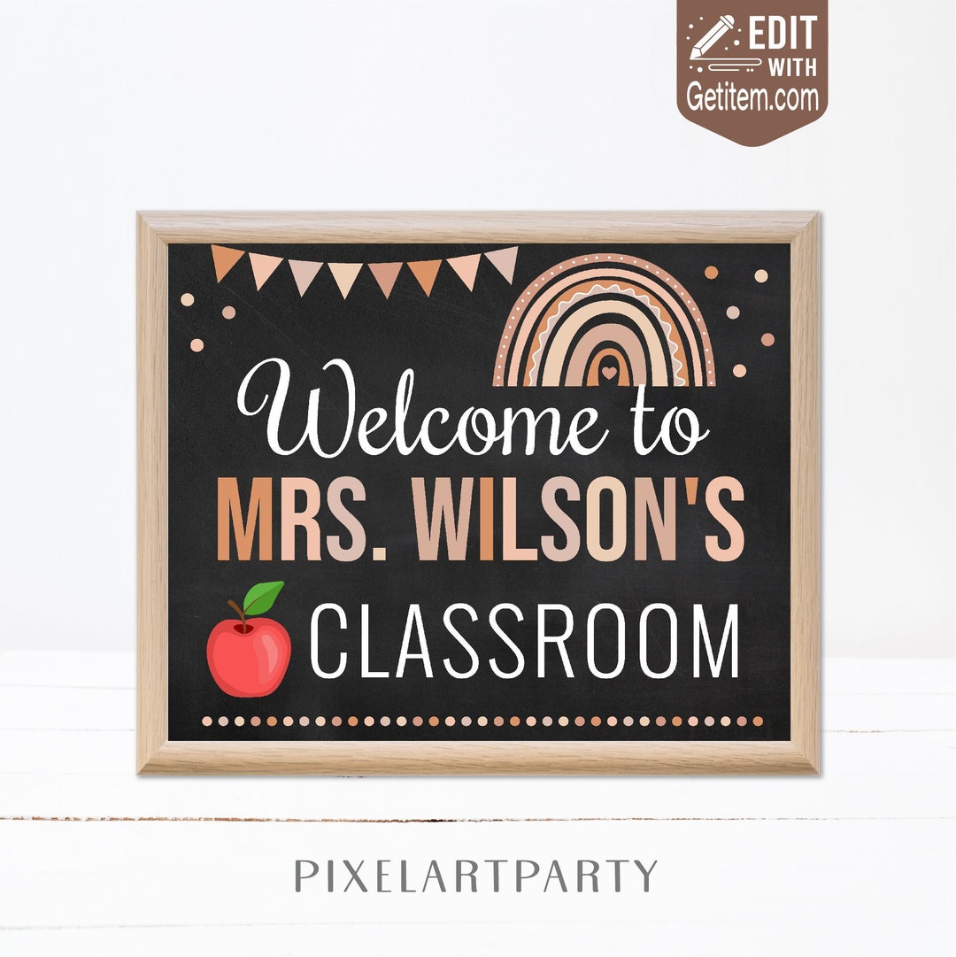 Editable Teacher Name Sign Classroom Decor Boho Rainbow Welocme to ...