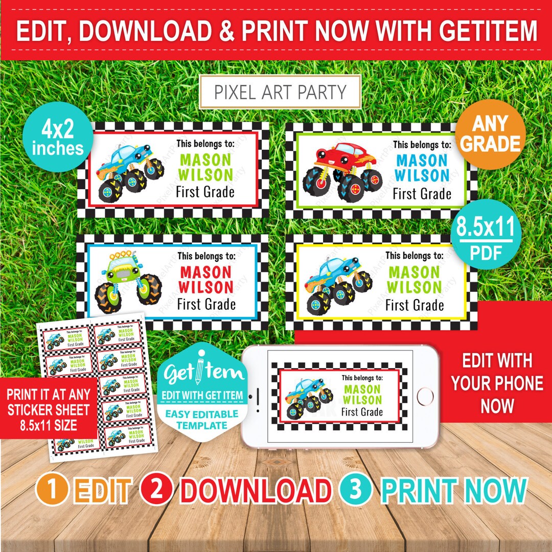 Monster Trucks School Name Labels, Monster Trucks School Labels, EDIT ...