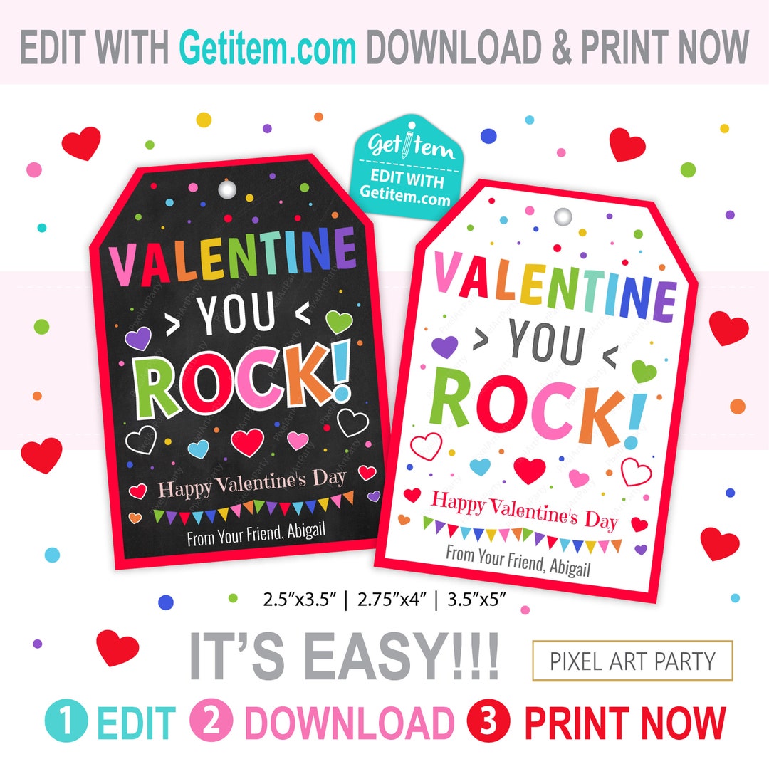 Editable You Rock Valentine Tags, Valentine's Day Gift Tag, Valentine ...