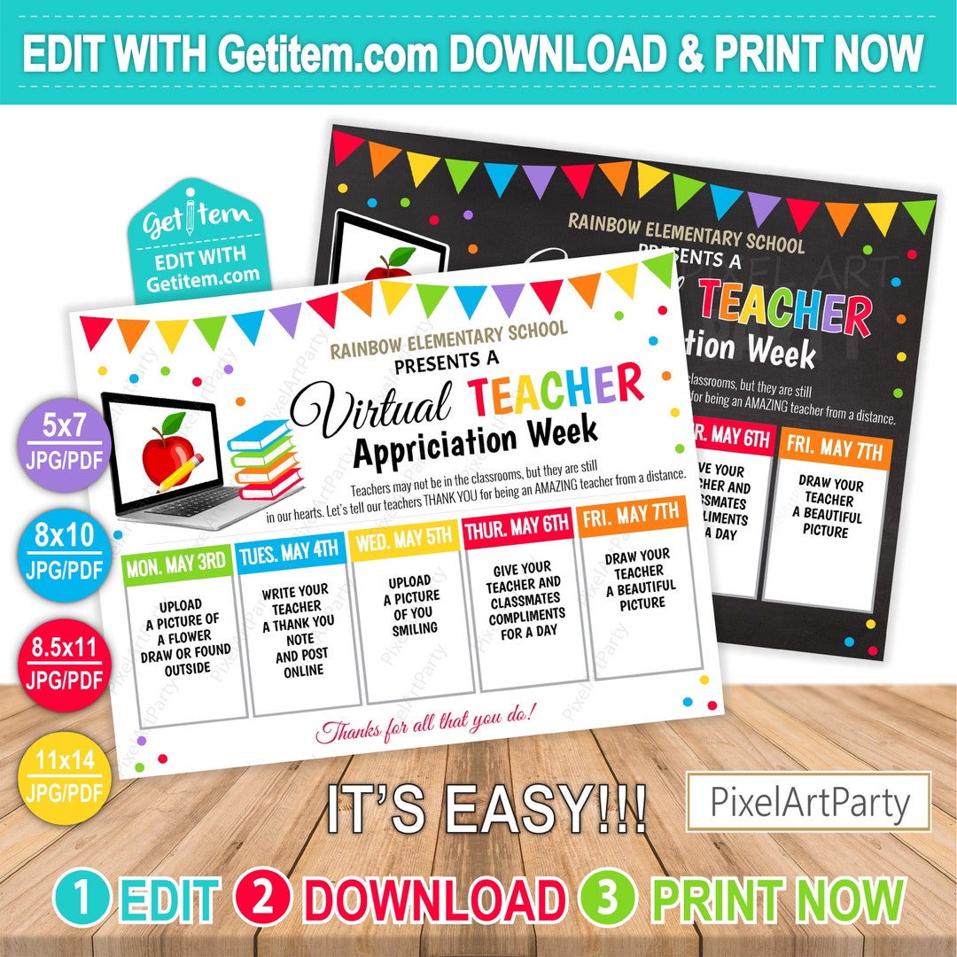 Editable Virtual Teacher Appreciation Week Itinerary Flyer, School ...