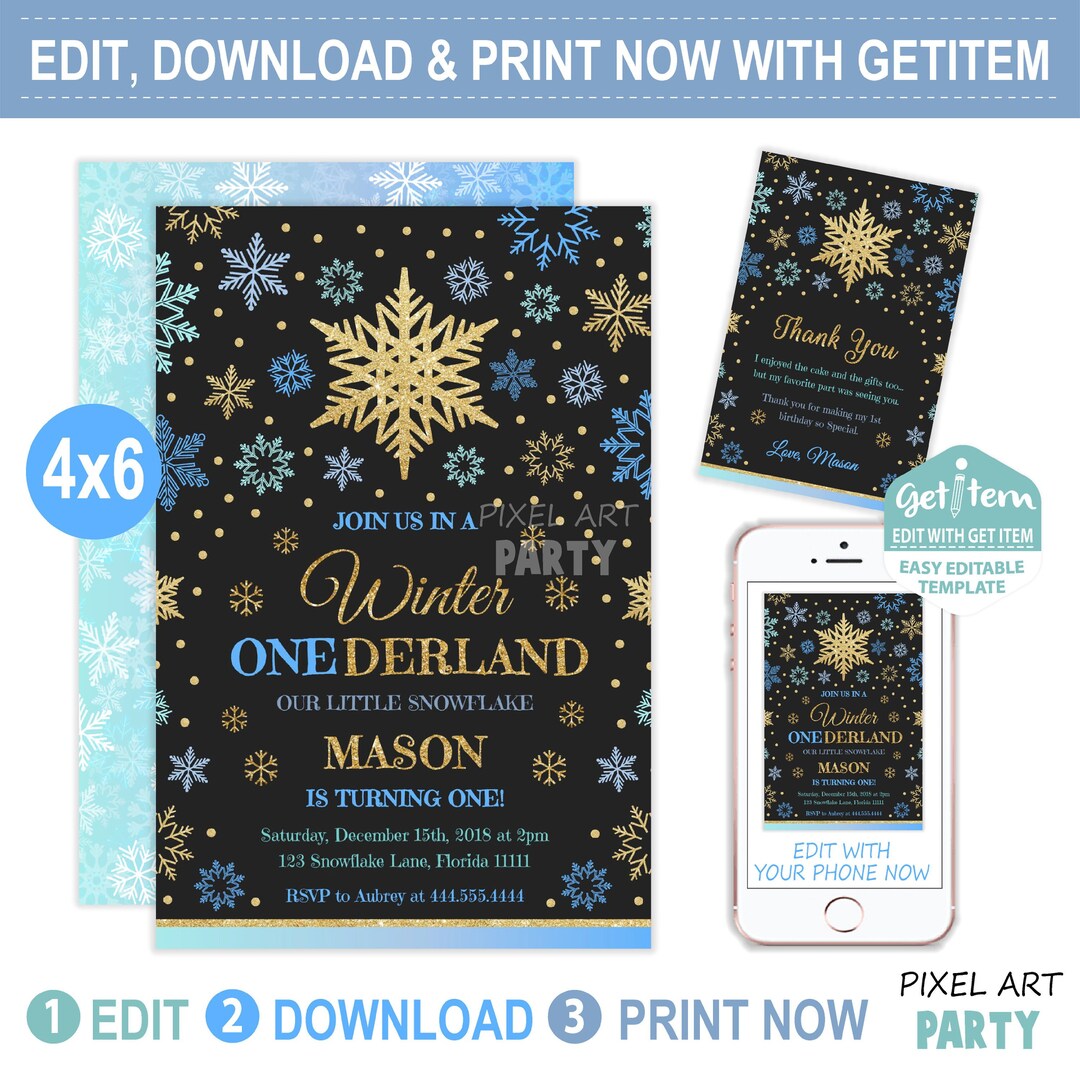 EDITABLE Winter Onederland Invitation Blue & Gold Winter Onederland ...
