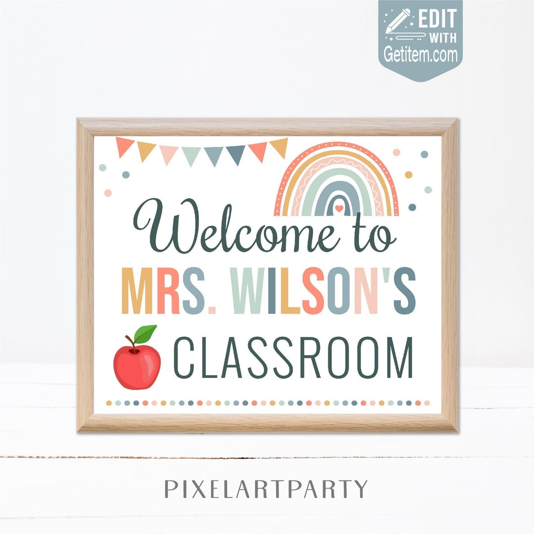 Editable Teacher Name Sign Classroom Decor Boho Rainbow Welocme to ...
