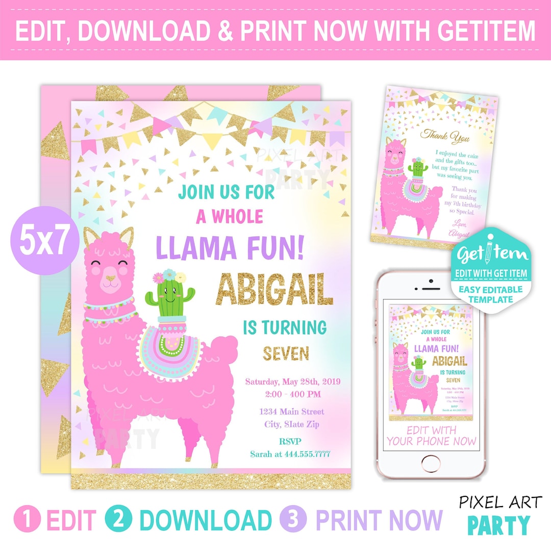 EDITABLE Llama Birthday Invitation Llama Invitation Llama Party Alpaca ...