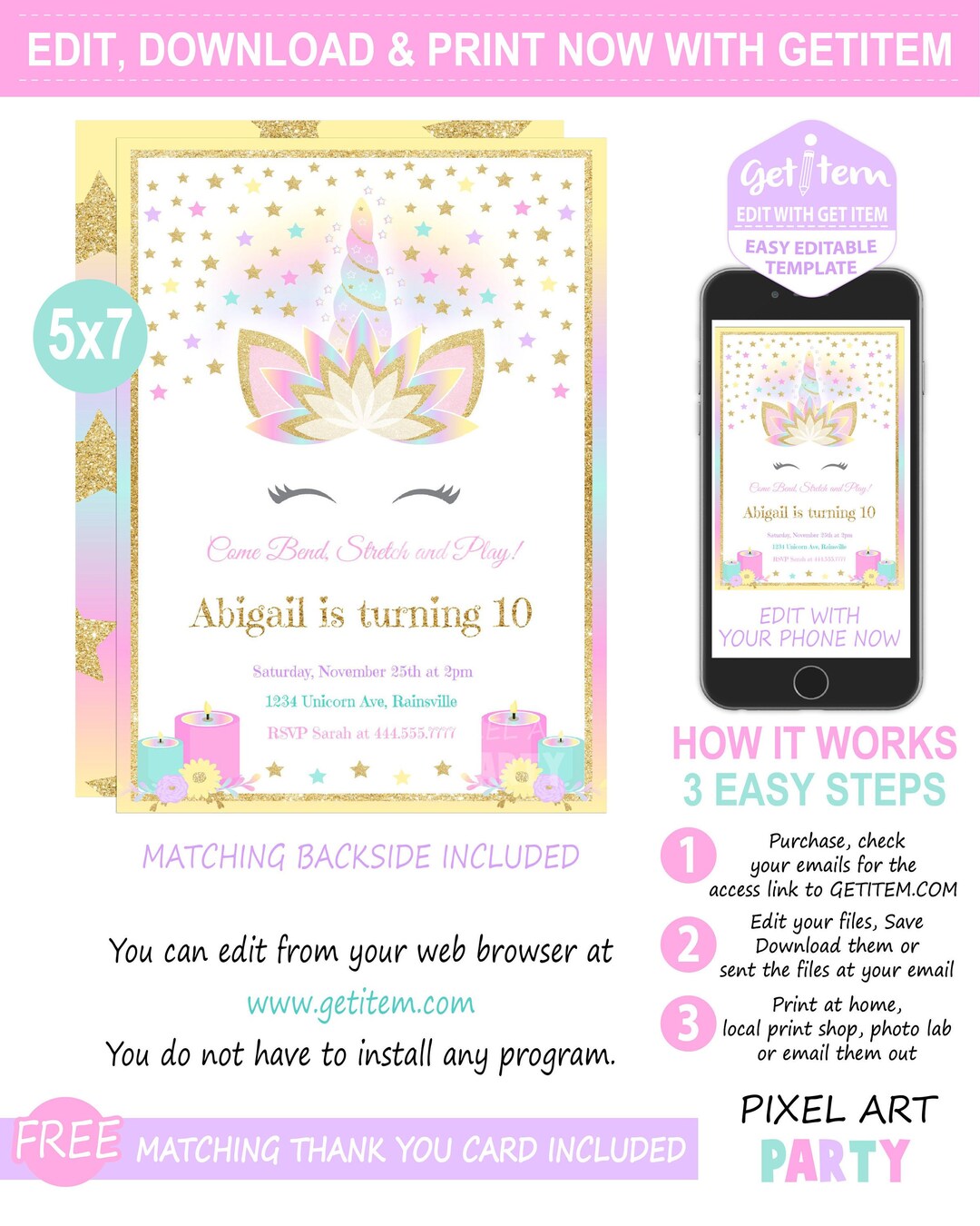 Editable Yoga Birthday Invitation Yoga Party Unicorn Yoga Invitation ...