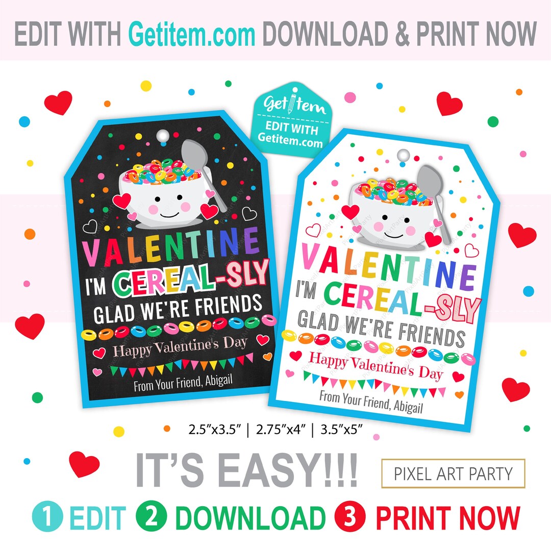 Editable Cereal Valentine Gift Tag, Cereal-sly Valentine's Day Gift Tag ...