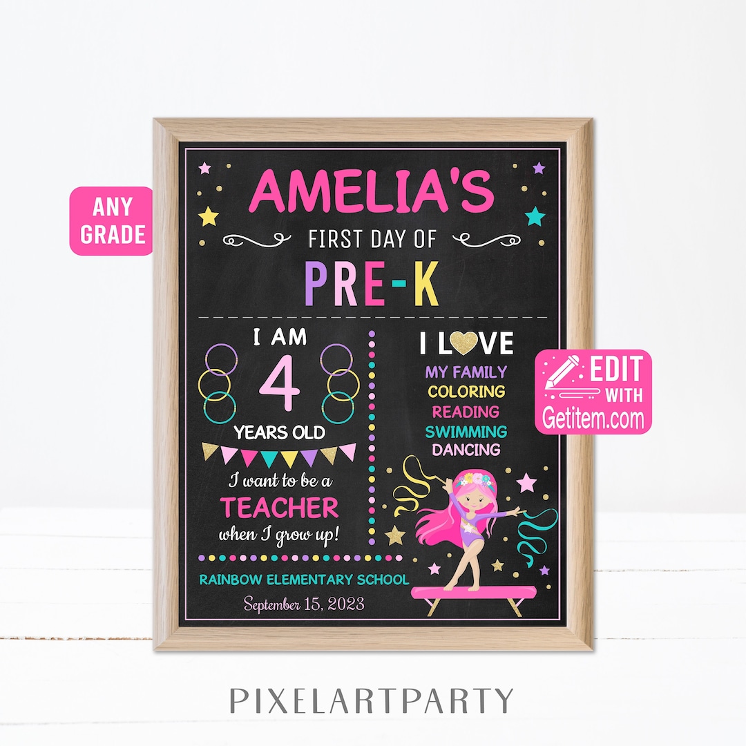 Editable First Day of Pre-k Sign Gymnastics First Day of Pre-k Sign ...