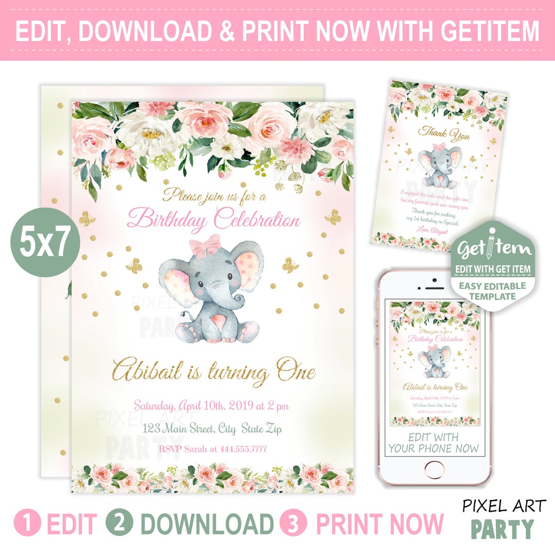 Elephant Birthday Invitation Elephant Invitation Elephant - Etsy