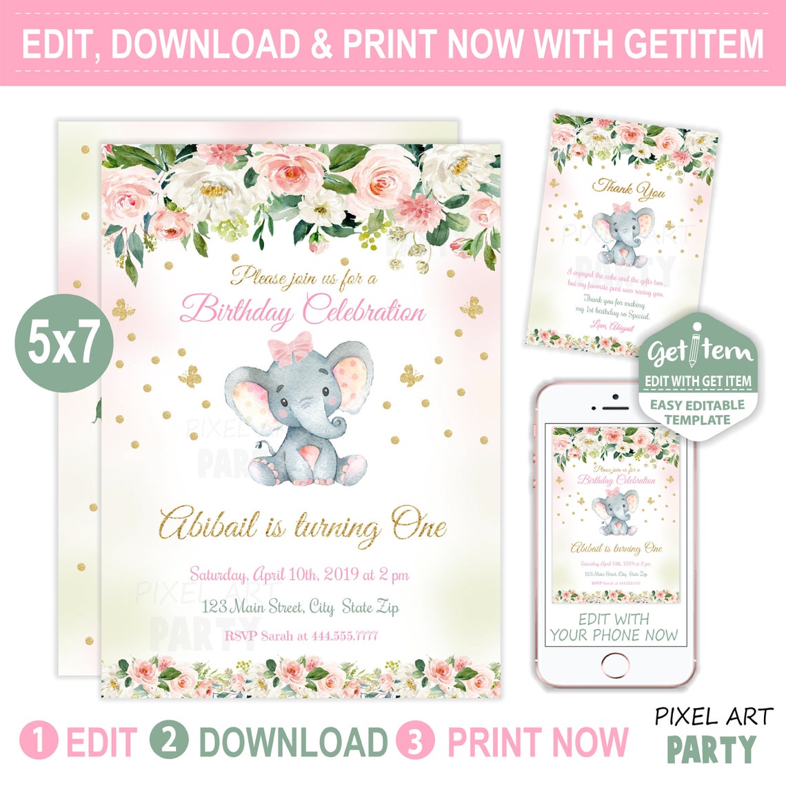 Elephant Birthday Invitation Elephant Invitation Elephant | Etsy