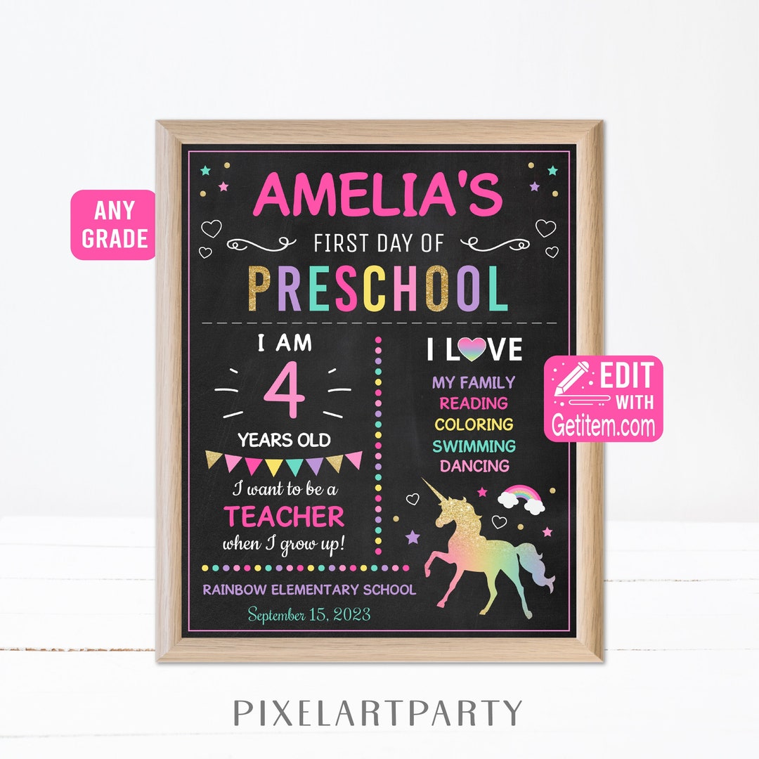 Editable First Day of Preschool Sign Unicorn First Day of Preschool ...