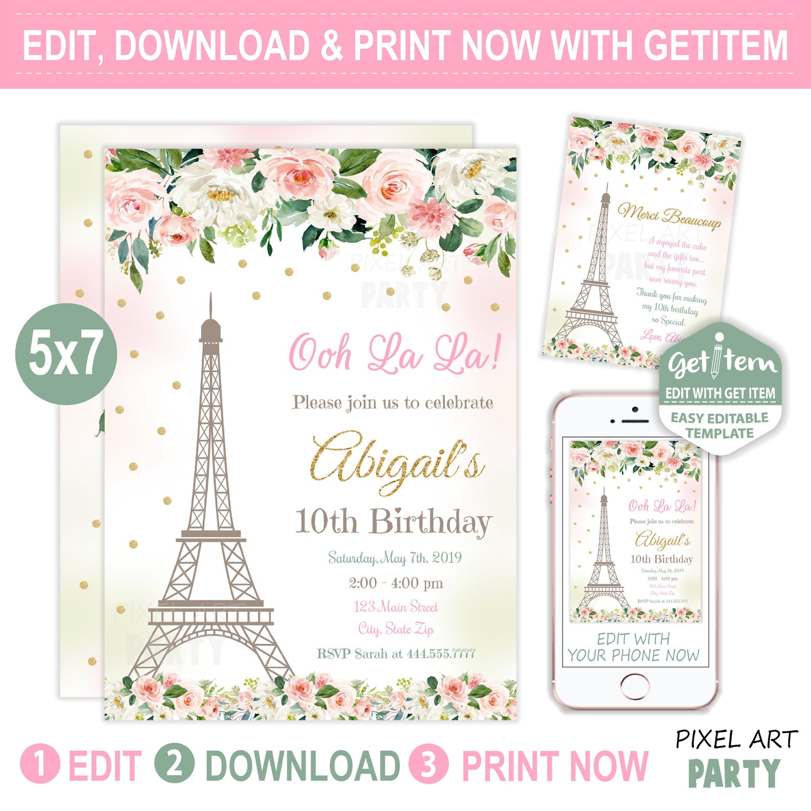 Paris Birthday Invitation, Paris Invitation, Paris Party, 5x7, EDIT NOW ...