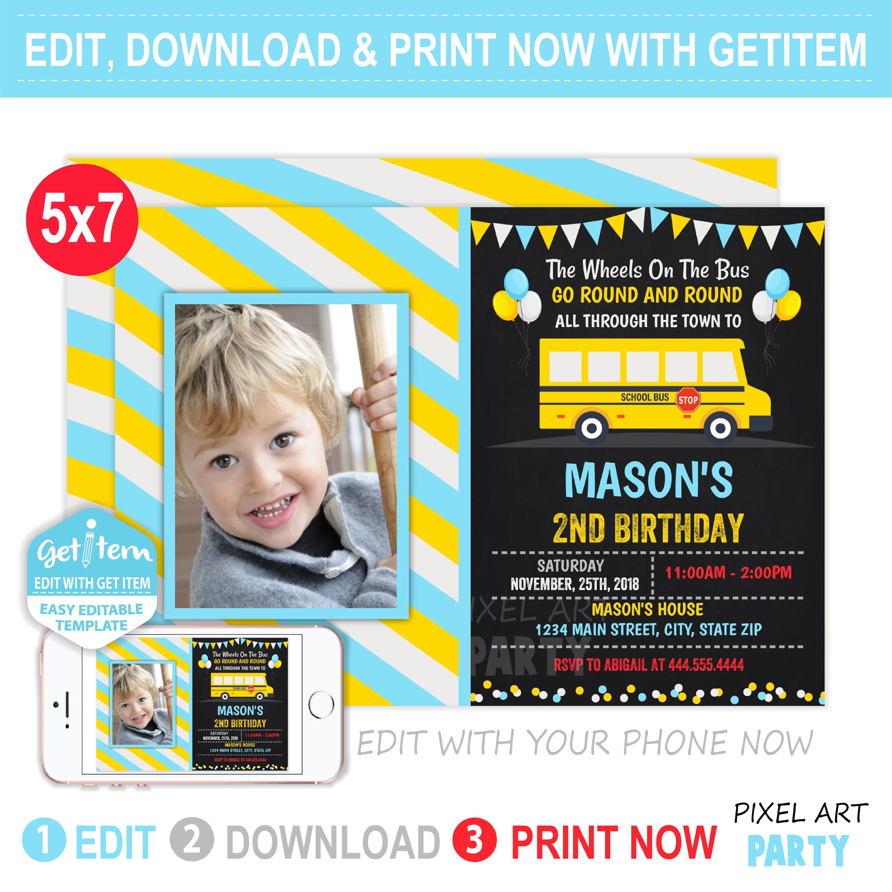 School Bus Birthday Invitation Bus Invitation 5x7 EDIT NOW - Etsy UK