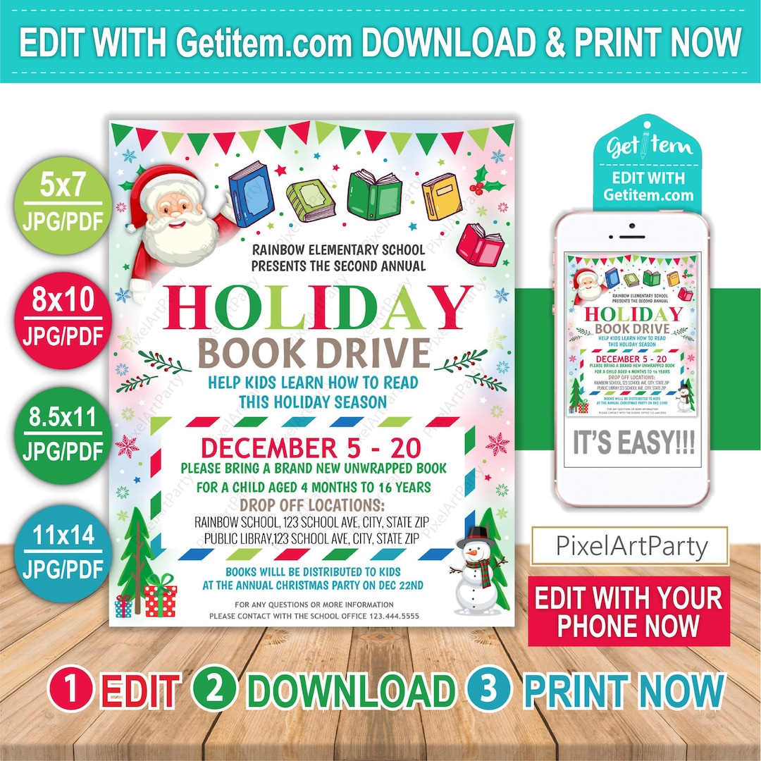 EDITABLE Holiday Book Drive Flyer School Church Flyer Poster Fundraiser ...