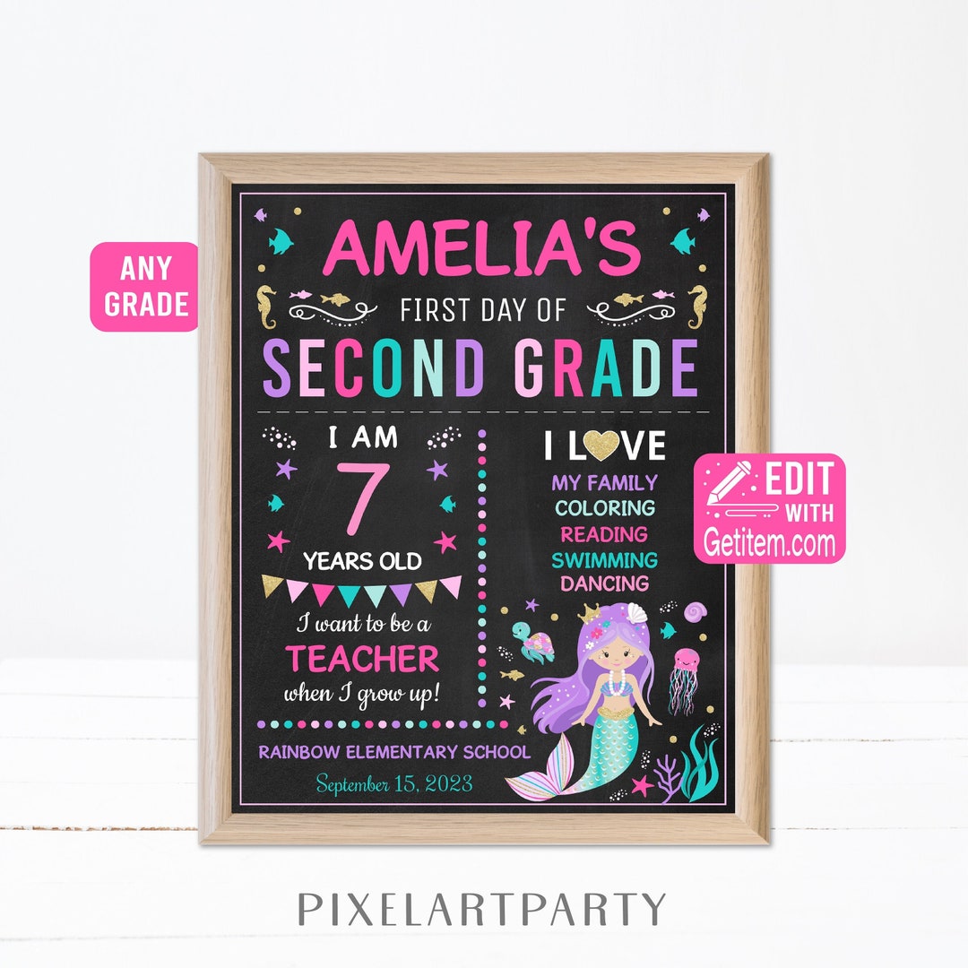 Editable First Day of Second Grade Sign Mermaid First Day of Second ...