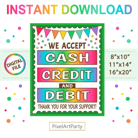 We Accept Cash Credit and Debit Sign Cookie Booth Sign - Etsy