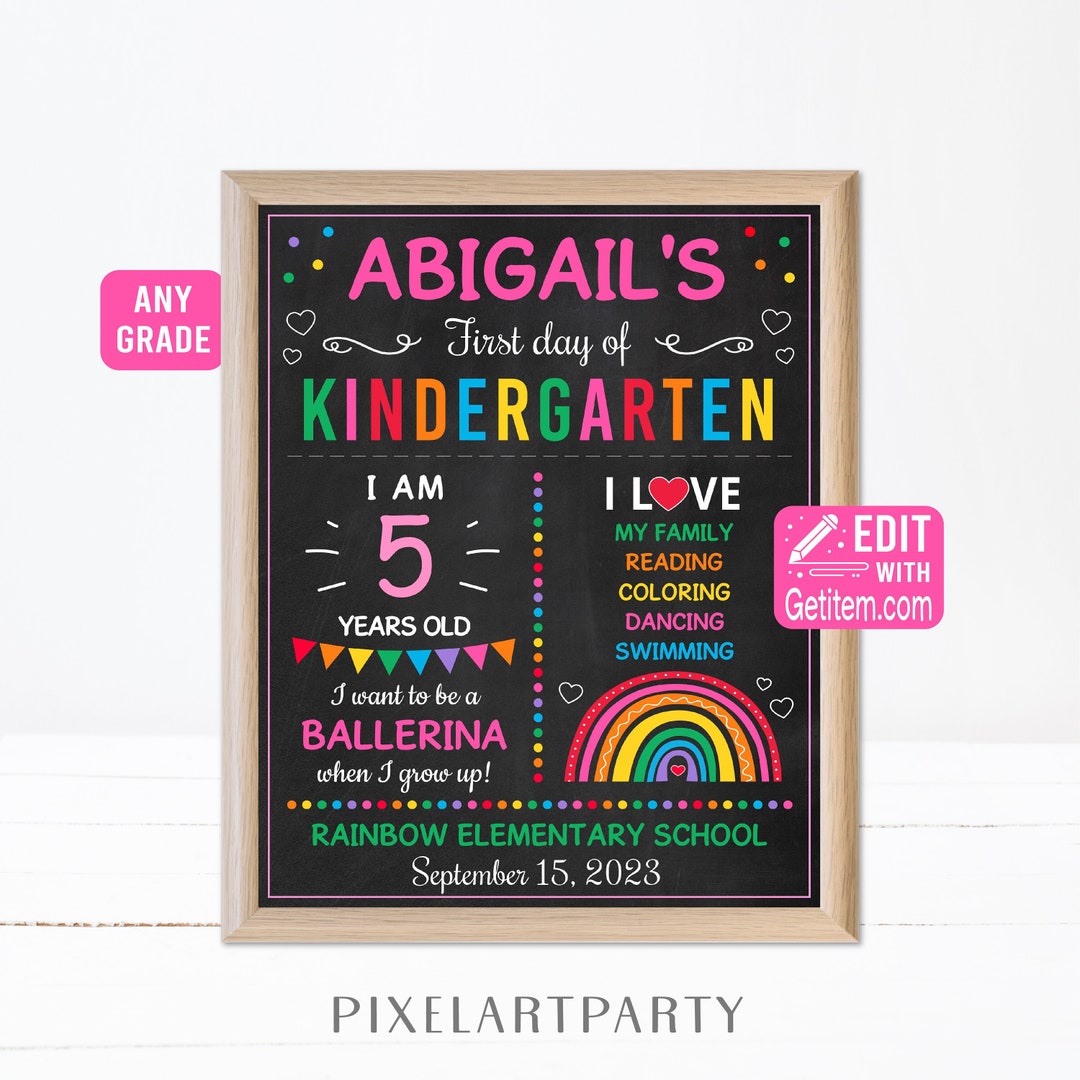 Editable First Day of Kindergarten Sign Rainbow First Day of ...