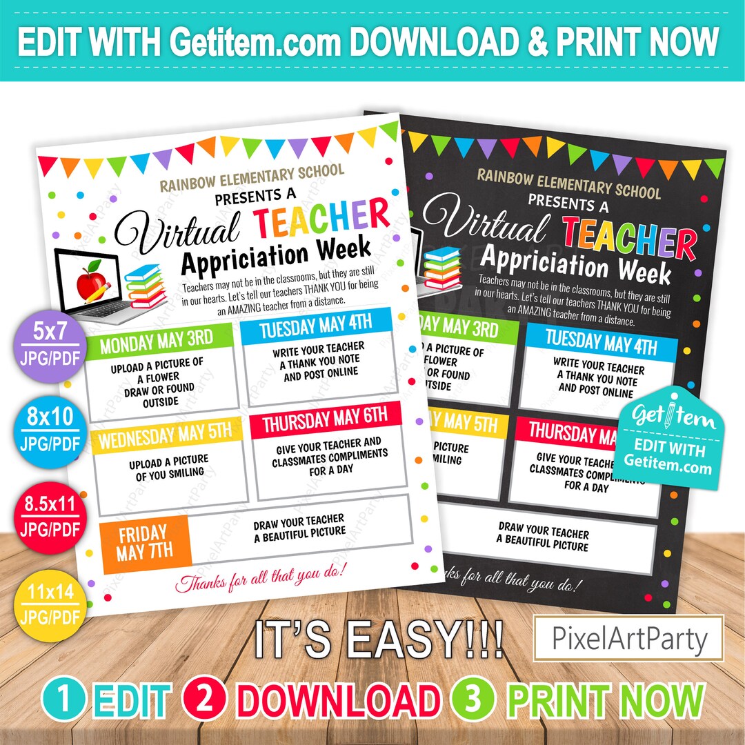 Editable Virtual Teacher Appreciation Week Itinerary Flyer, School ...