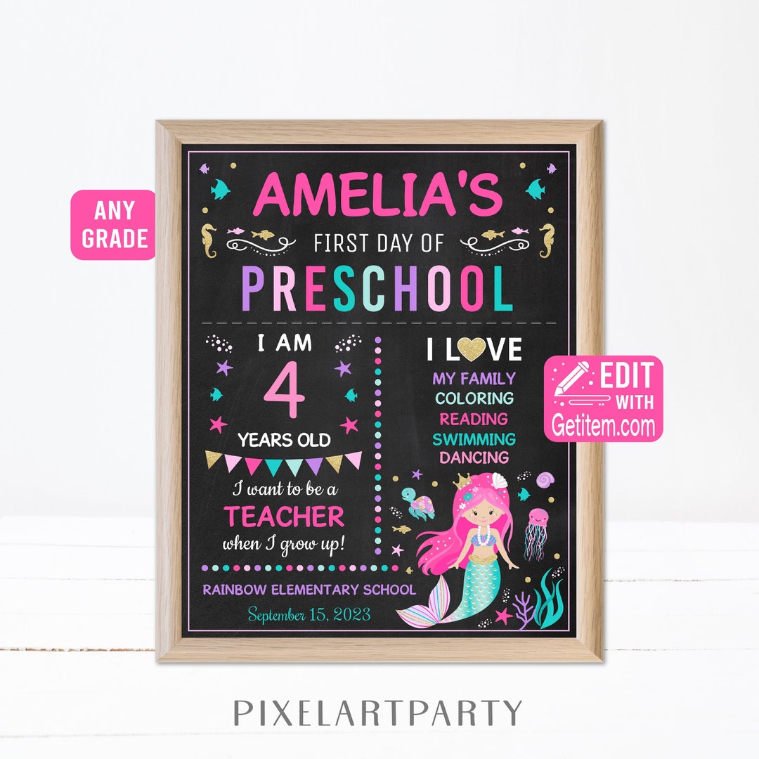 Editable First Day of Preschool Sign Mermaid First Day of Preschool ...