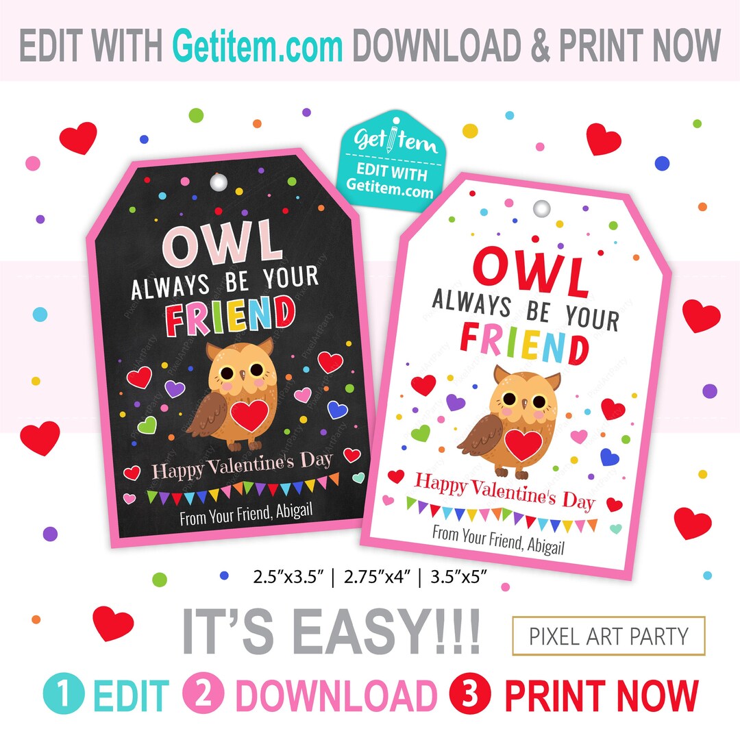 Editable Owl Valentine's Gift Tag Valentine's Day - Etsy