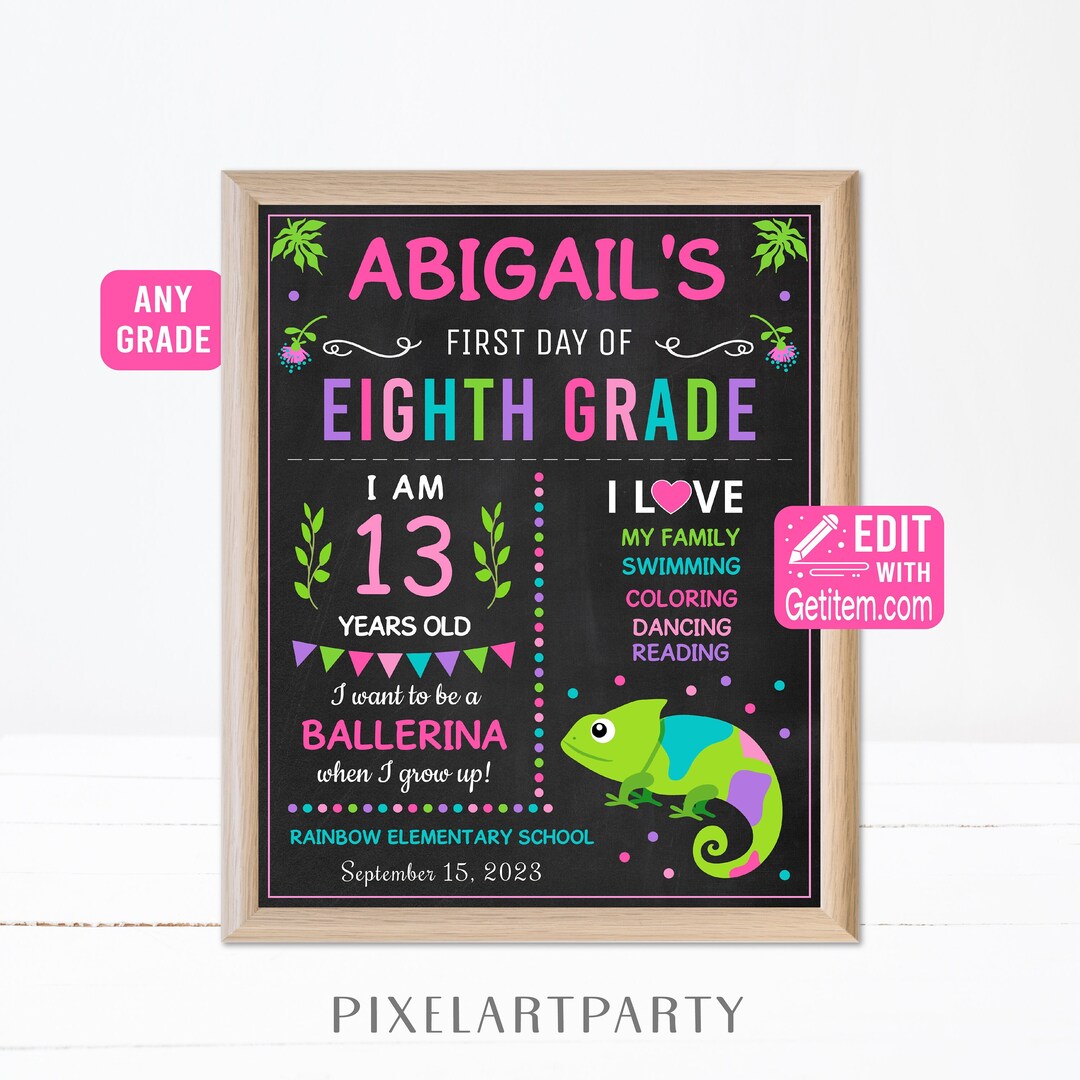 Editable First Day of Eighth Grade Sign Chameleon First Day of Eighth ...