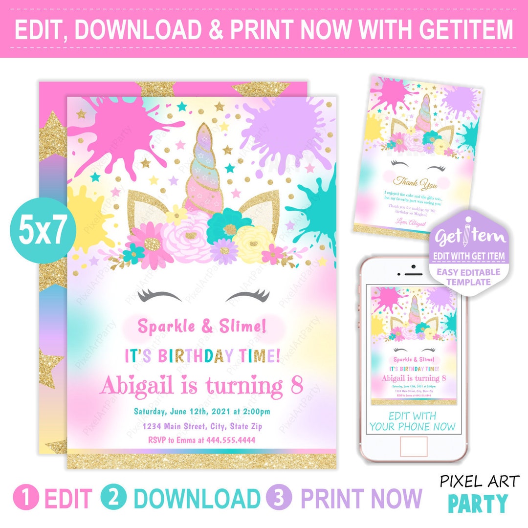 Editable Unicorn Slime Invitation Slime Party Unicorn Slime Birthday ...