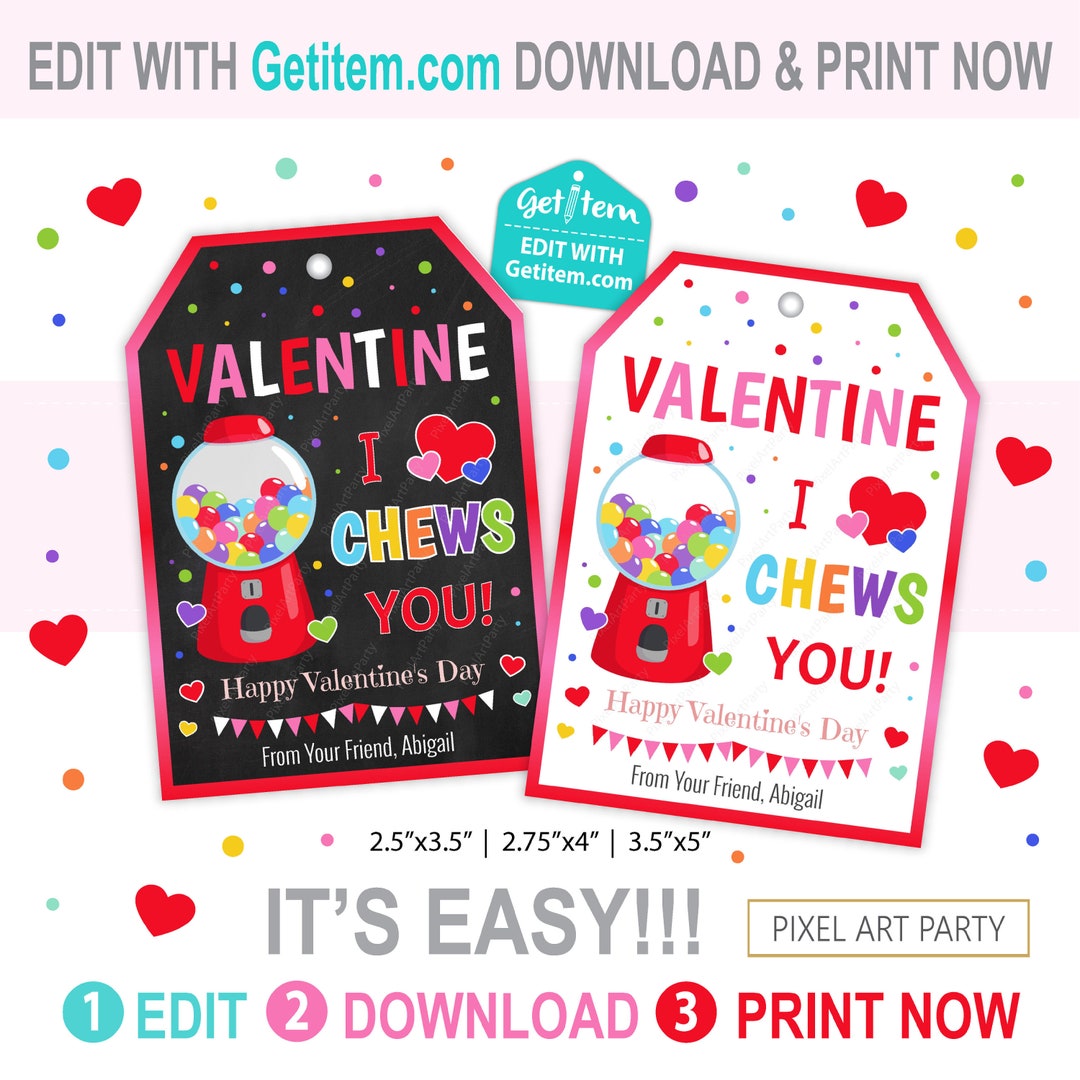 Editable Valentine Bubble Gum Gift Tags, Valentine's Day Gift Tag, I ...